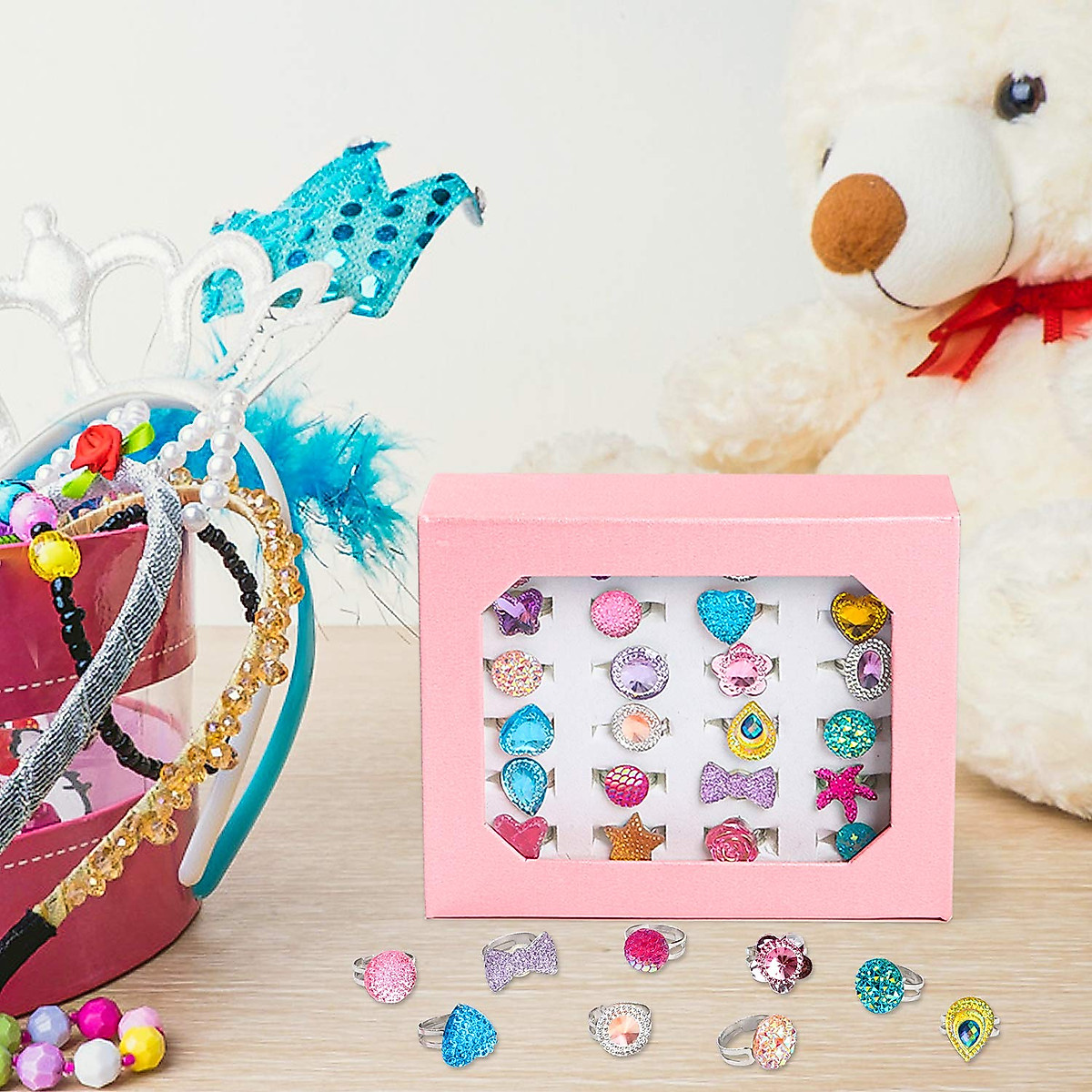 WATINC 24Pcs Adjustable Princess Pretend Jewelry Rings, Girl’s Jewelry Dress Up Play Toys, Rhinestone Gift Set in Box for Little Girls, No Duplication Diamond Ring for Children, Party Favors for Kids