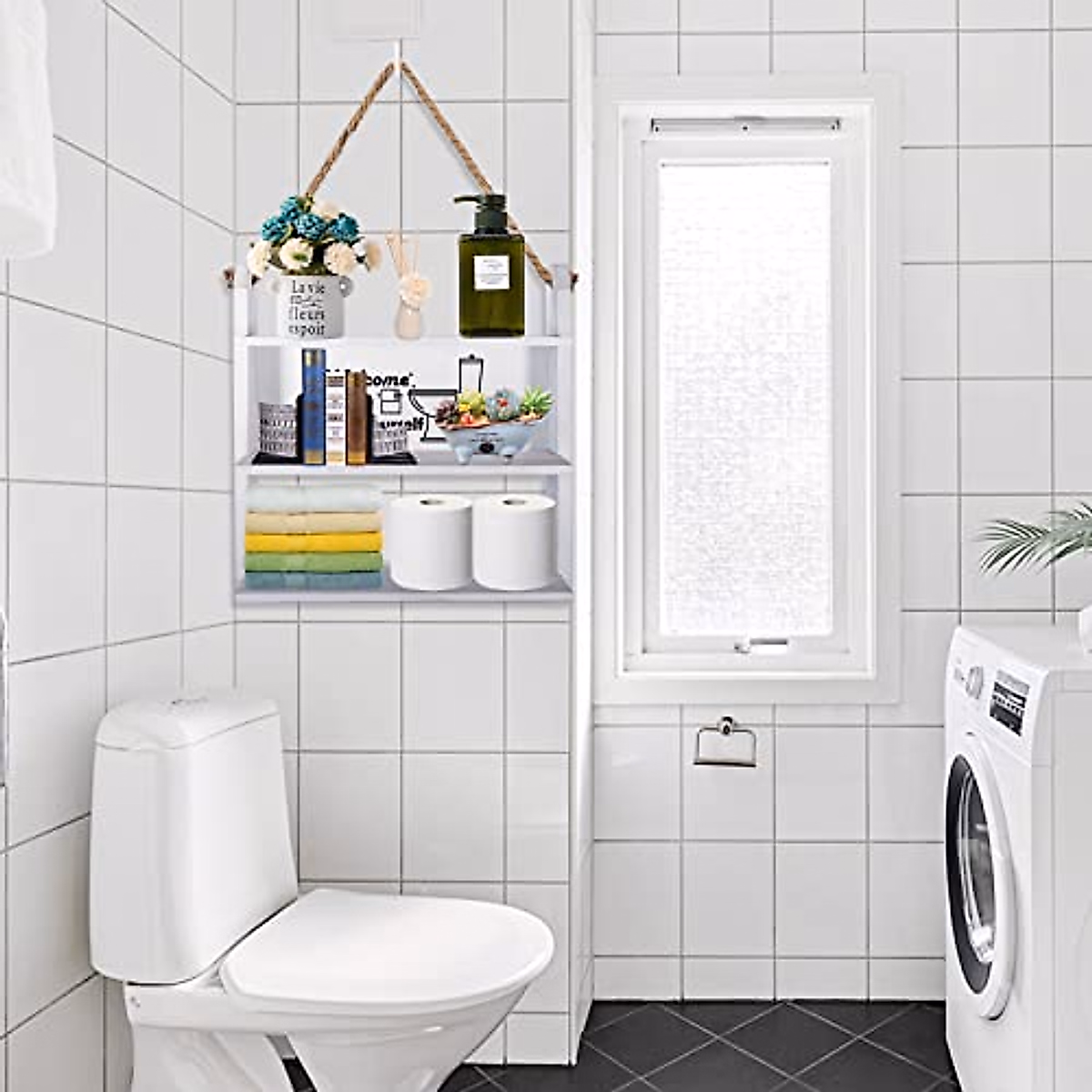 Bathroom Shelves Over Toilet, 3 Tier Toilet Top Organizer Wall Wooden Hanging Shelf for Bathroom Organizer Toilet Paper Holder Storage, Bottles Organizer, Restroom Organiser Rack (Seat&Bath)