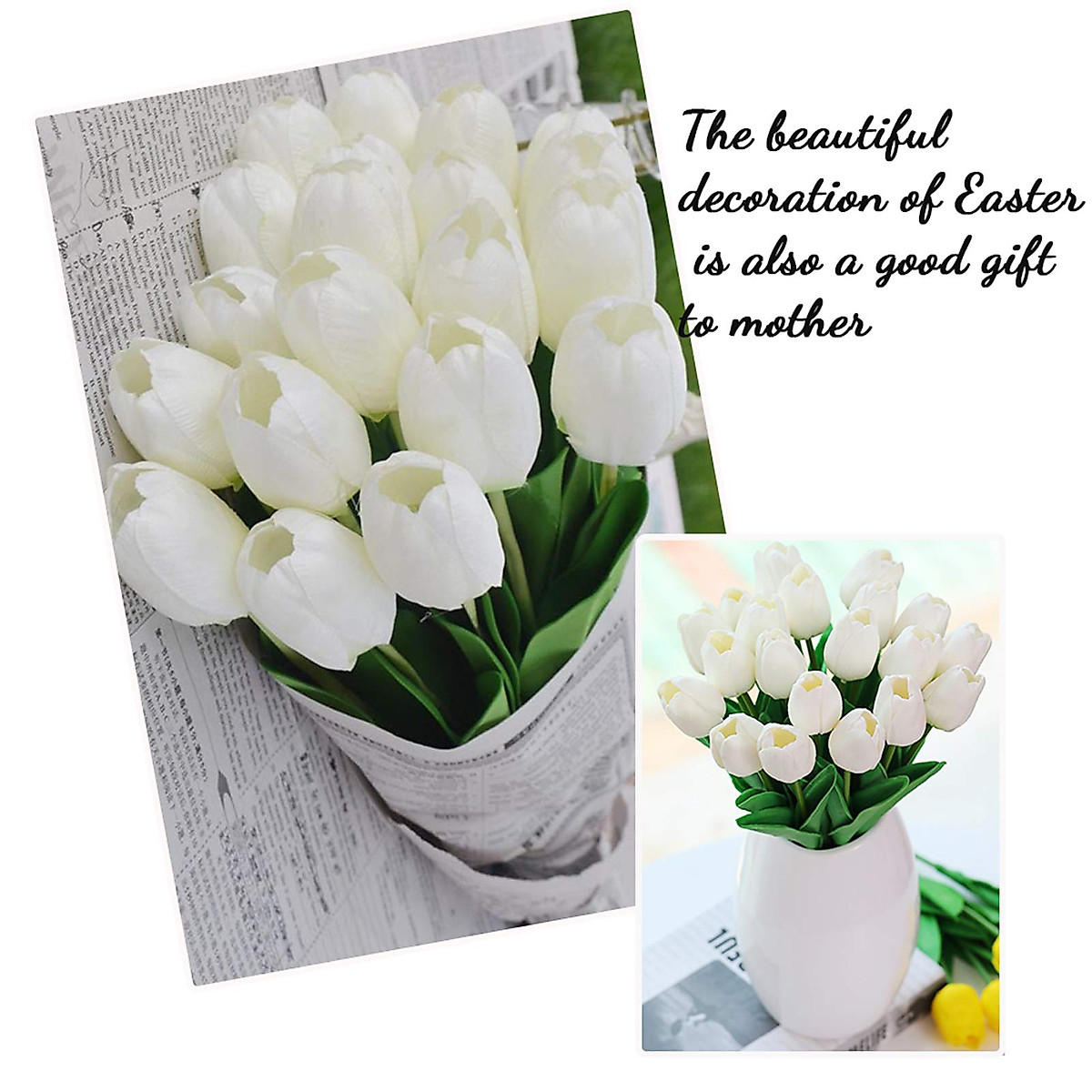 KOILLUXU Artificial Flowers 30pcs Bouquet 14" Tall Real Touch Tulips, White PU Fake Tulips Flowers for Arrangement Wedding Party or Easter Spring Home Centerpiece Dining Room Office Table Decoration