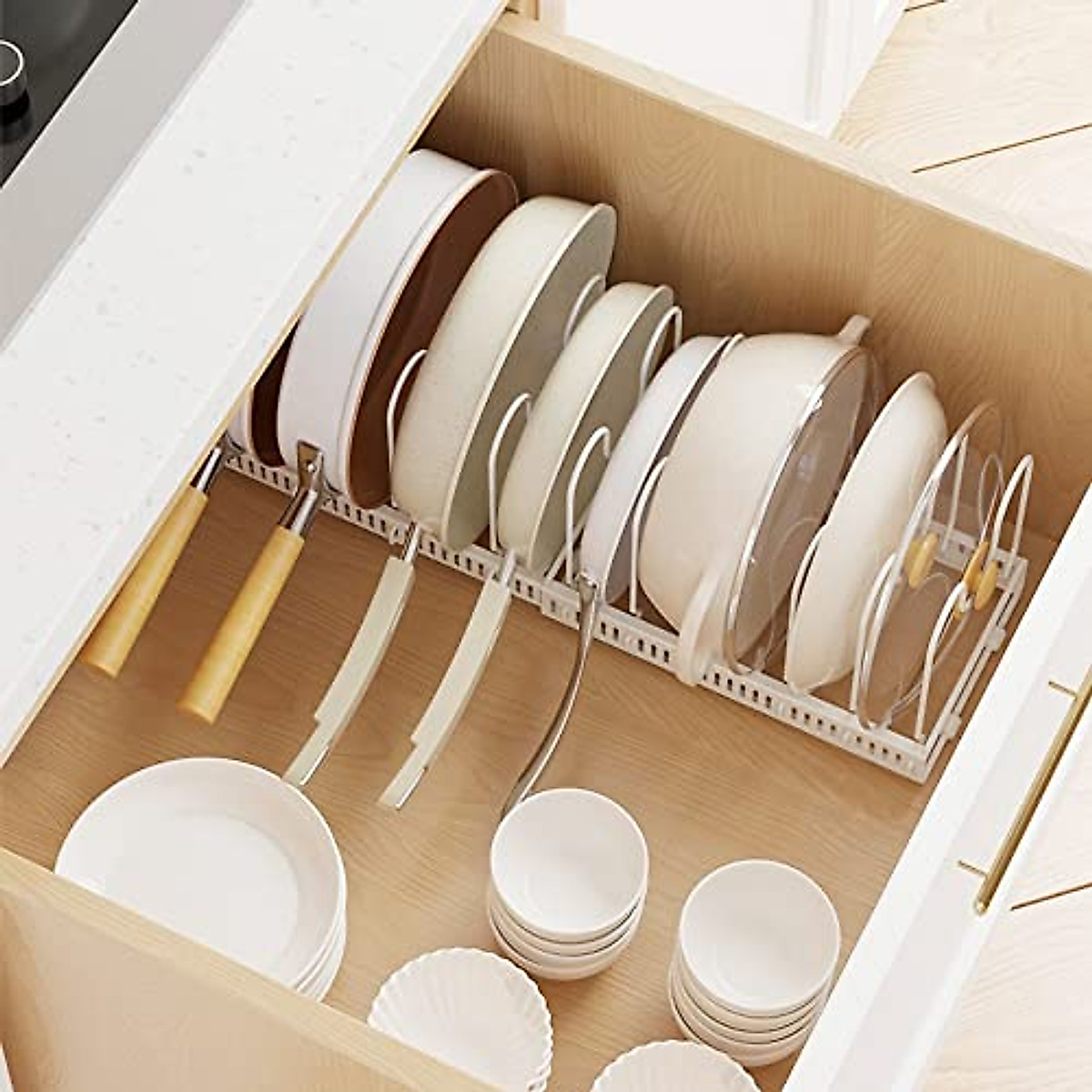 Rerii Pan Organizer Rack for Cabinet, Expandable Pots and Pans Organizer Rack, Cutting Board Pot Lid Holder Dish Drying Racks with 10 Adjustable Dividers for Kitchen Counter