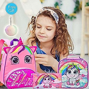 UFNDC Toddler Backpack for Girls, 3pcs Unicorn Sequin Preschool Bookbag with Lunch Box,Cute Kindergarten School Bag