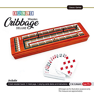 CRIBBAGE BOARD GAME SET. UNIQUE LARGE WOODEN CONTINUOUS 3 TRACK BOARD WITH LARGER STORAGE AREA, 9 METAL PEGS AND 2 DECKS OF PLAYING CARDS. TRAVEL PORTABLE CRIBBAGE PERSONALIZED BOARDS CARD GAME SETS