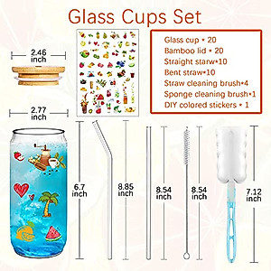 PeacePeo Glass Cups with Lids and Straws 20Pcs 16oz Ice Coffee Cup Can Beer Glass Set Drinking Glasses with Bamboo Lids Reusable Can Shaped Glass Cups Ideal for Smoothies & Beverages