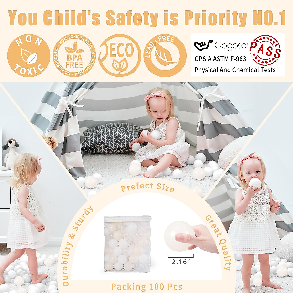 GOGOSO Ball Pit Balls 100 - Soft Plastic Balls for Babies Toddlers Kids Children with Storage Bag for 1 2 3 Years Old, 3 Colors (100 Balls) White Beige Transparent