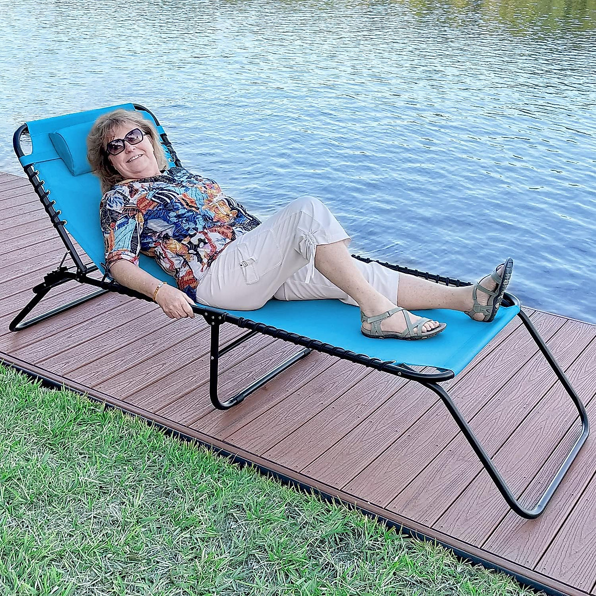 EZCHEER Folding Chaise Lounge Oversize, 16 inch High Portable Sunbathing Chair, Extra Wide XL Outdoor Chair with Storage Bag, Blue
