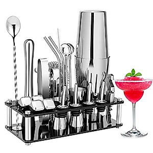 Cocktail Shaker Set, 23-Piece Boston Stainless Steel Bartender Kit with Acrylic Stand & Cocktail Recipes Booklet, Professional Bar Tools for Drink Mixing, Home, Bar, Party (Include 4 Whiskey Stones)