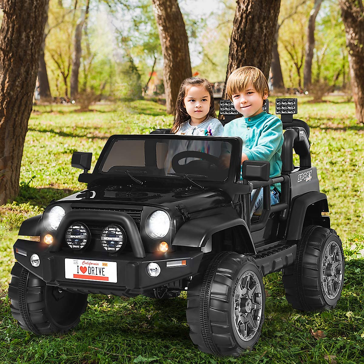 Costzon 2-Seater Ride on Truck, 12V Battery Powered Electric Vehicle Toy w/Remote Control, 3 Speed, LED Lights, MP3, Horn, Music, 2 Doors Open, Spring Suspension, Ride on Car for Kids (Black)