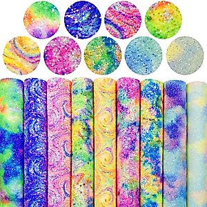 Shalun Iridescence Tie dye Faux Leather Sheets 8x12inch Sparkly Colorful Rainbow Camouflage Print Chunky Glitter Leatherette Fabric for Cricut Bows Earrings