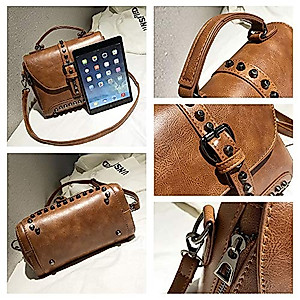 Mn&Sue Women Rivet Studded Crossbody Bag Vintage Top Handle Satchel Motorcycle Style Shoulder Messenger Purse for Lady (#1 Dark Grey)