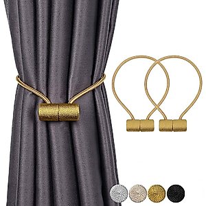 Magnetic Curtain Tiebacks, Strong Magnetic Window Curtain Tiebacks Clips Decorative Rope Holdbacks Drapery Curtain Tie Backs Weave Holder for Window Draperies Hold Curtains Drape Ties Backs (2, Gold)