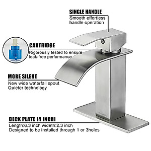 Ryuwanku Bathroom Faucet Brushed Nickel Modern Waterfall Bathroom Sink Faucet with Single Handle Suitable for 1 or 3 Holes,Supply Deck Plate and Hose
