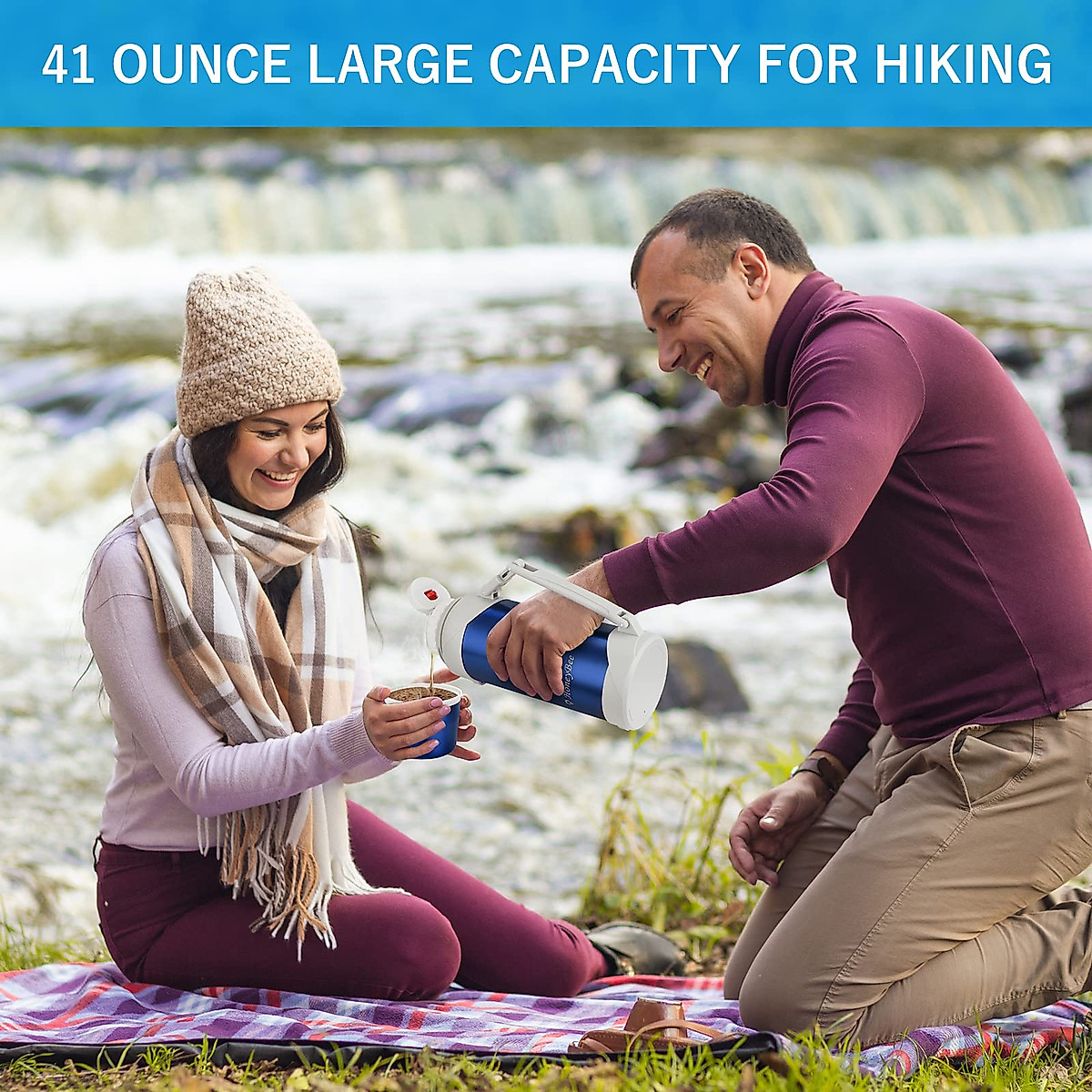 HoneyBee Hot Drinks Keeps Liquid Hot or Cold for Up to 24 Hours Thermos 41 Ounce Coffee Thermos 18/8 Stainless Steel Bpa-Free Insulated Flask，Flask for Hot Water (Blue)