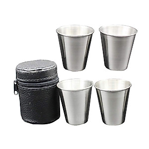 lasenersm 4 Pieces 70ml (2.36 oz) Stainless Steel Shot Cups Shot Glass Drinking Vessel with One Black PU-Leather Carrying Case Outdoor Camping Travel Coffee Tea Cup, Silver Cup, Black Case