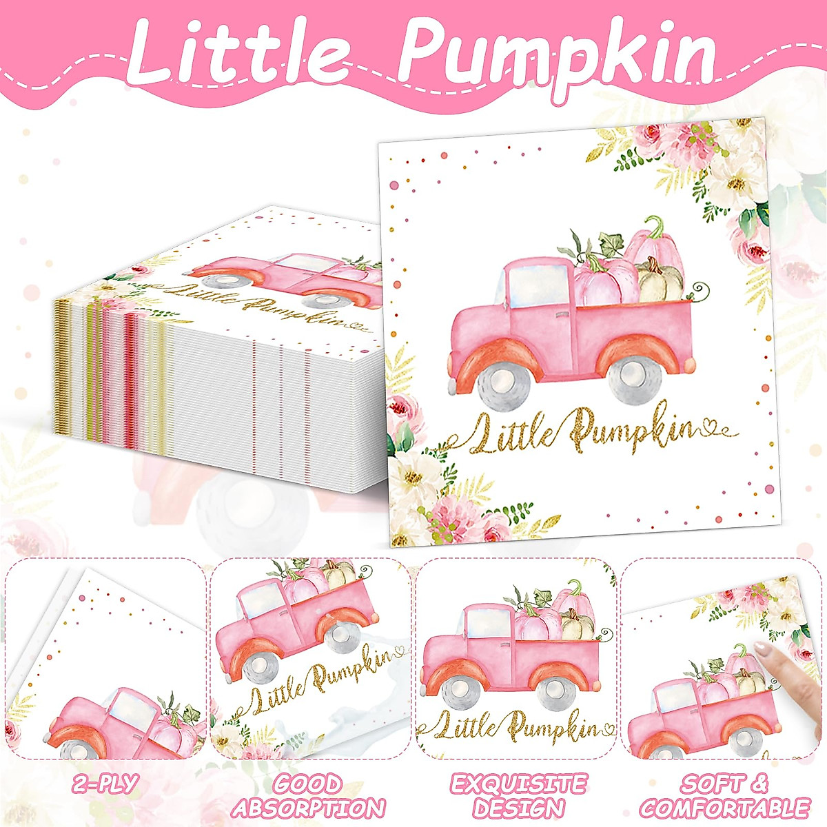 Thankgiving Pink Little Pumpkin Paper Plates Napkins Pink Pumpkin Baby Shower Birthday decorations Girl Tableware A Little Pumpkin is On Her Way Disposable Plates Party Supplies 24 Guest