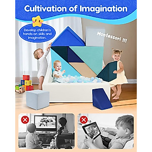 Heypappy Tangram Puzzles Kids Play Couch, 1600+DIY Toddler Modular Couch, 37"x37"x12" Foam Ball Pit, 8PCS Kids Sofa for Playroom Montessori Fort Building