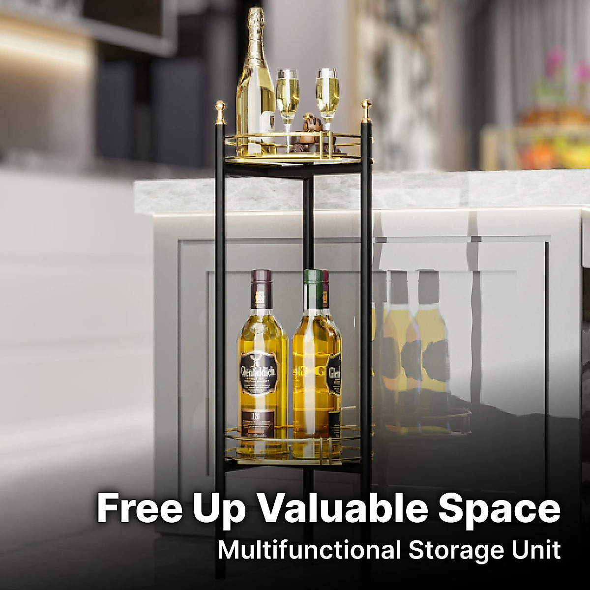 BENOLDY 2 Tier Plant Stand Table - Black Metal Frame with 2 Portable Golden Plate Tray, Plant Holder Stand, Serving Cart Tray and Wine Rack, Indoor/Outdoor Plant Shelf, Plant Pot Stand