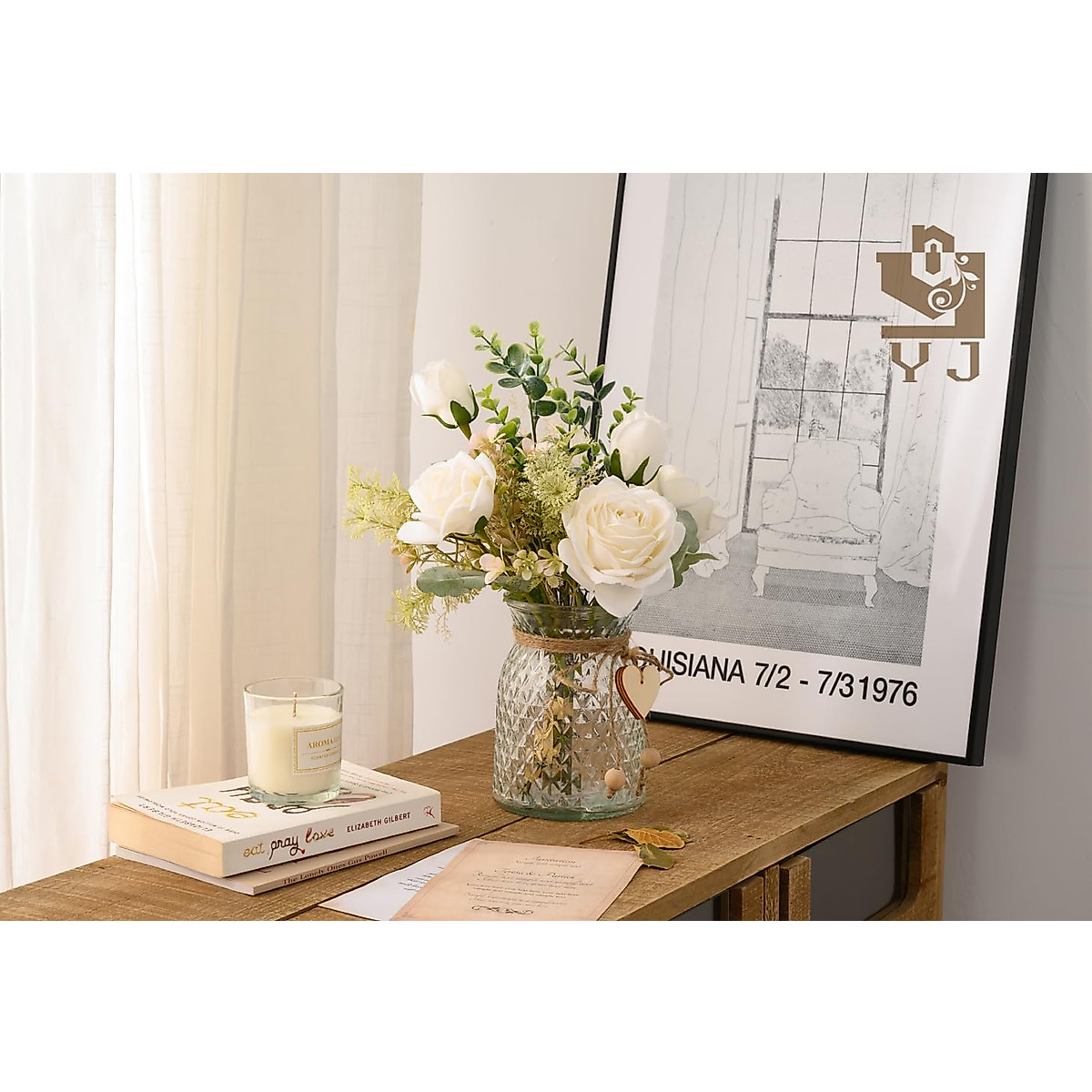 YJ Fake Flowers with Vase, Silk Roses Artificial Flowers in Vase, Faux Flower Arrangement with Vase Suitable for Home Office Decoration, Dining Table Centerpiece(White)