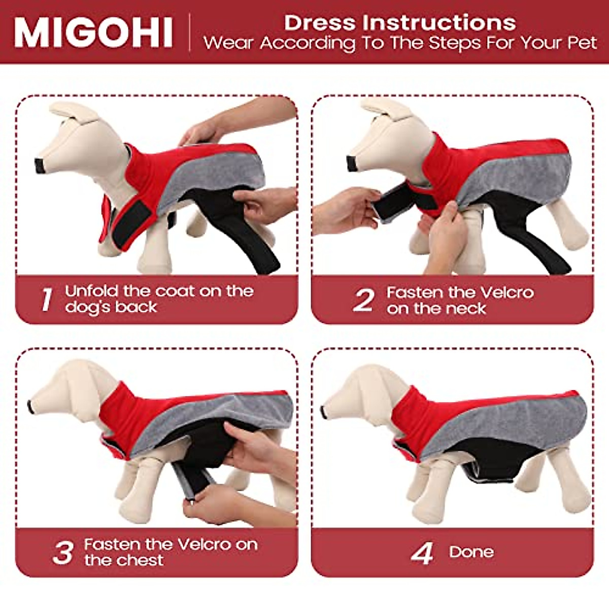 MIGOHI Fleece Dog Winter Coat, Warm and Soft Dog Sweaters Puppy Pajamas with Leash Hole and Hook Loop Closure, Reversible Dog Cold Weather Vest Apparel Pet Jackets for Small Medium Large Dogs, Red L