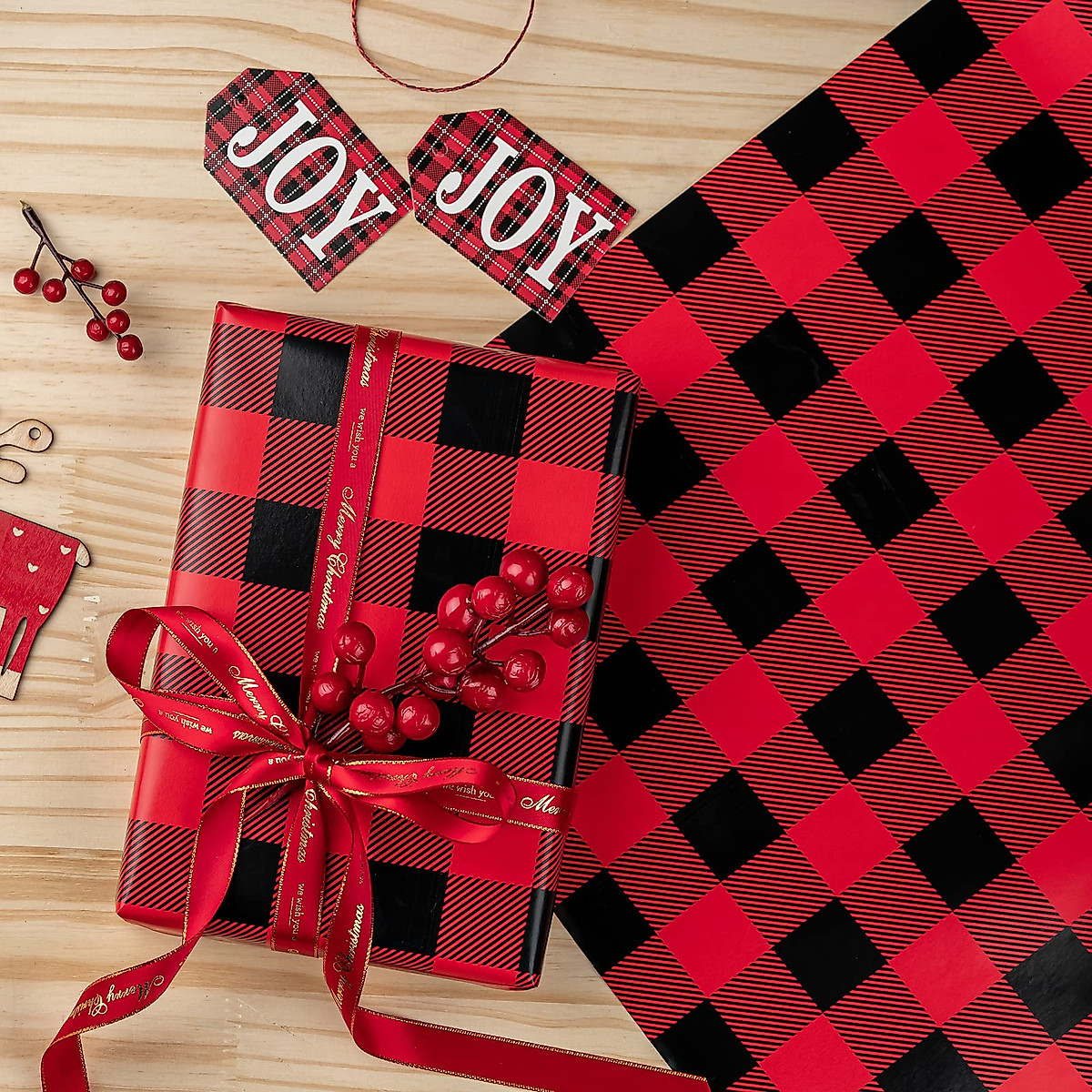 WRAPAHOLIC Reversible Christmas Wrapping Paper - Mini Roll - 17 Inch X 33 Feet - Black and Red Plaid Design for Holiday, Party, Celebration