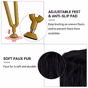 RunLexi Vanity Stool Chair with Storage, Faux Fur Makeup Room Seat Stool, Soft Padded Seat, Round Footrest Footstools with 4 Metal Legs & Adjustable Footings, Vanity, Bathroom, Bedroom Chairs Black