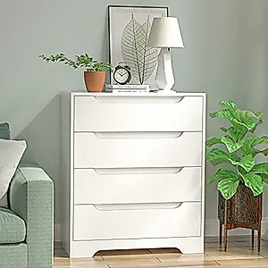 Cozy Castle 4 Drawer Chest, Mid Century Nightstand with Cutout Handle, Accent Drawer Dresser, Wood Storage Cabinet with Drawers for Bedroom Living Room Home Office Entry, White