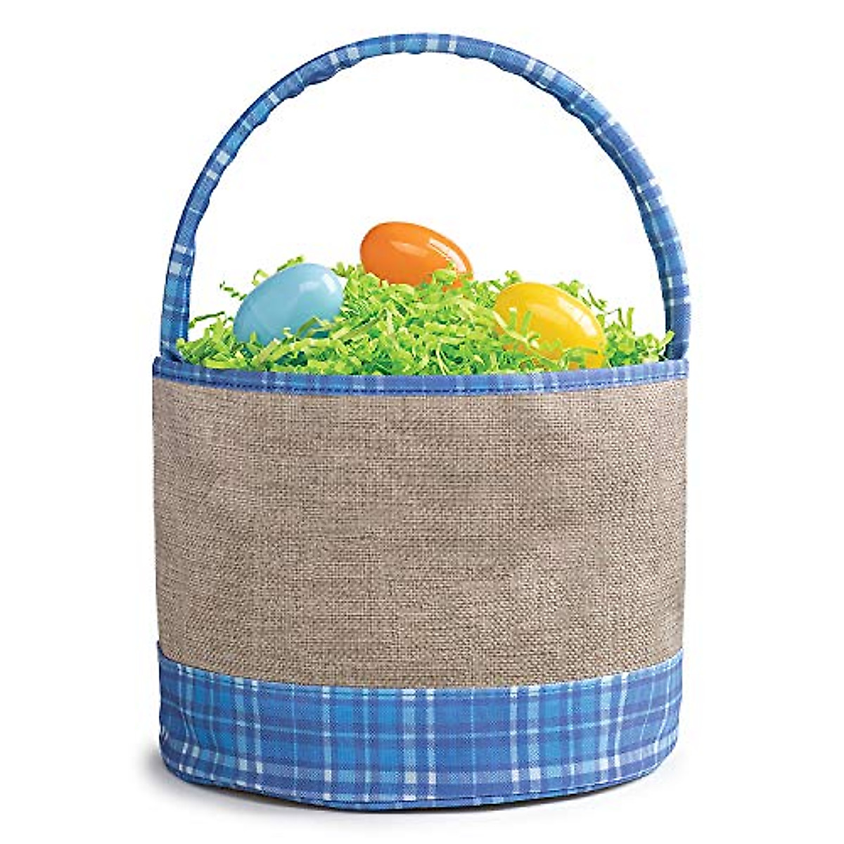 Personalized Easter Bucket Bag with Custom Name | Blue Plaid Burlap Easter Bag with Handle | Egg Basket for Kids | Customized Easter Basket | Great for Book and Toy Storage