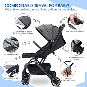 Rollingsurfer Lightweight Baby Stroller, Compact Travel Stroller with Sleep Shade, Oversize Basket, One Hand Easy Foldable Stroller for Airplane Travel and More