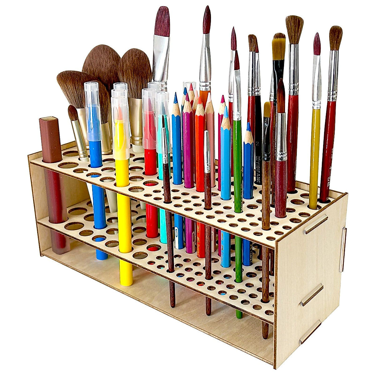 HESHUYU Wooden Paint Brush Holder 105 Holes Paintbrush Holder Organizer Paint Brush Stand Rack with Silicone Rings - Wood Paint Brush Holder for Pens Pencils Artist