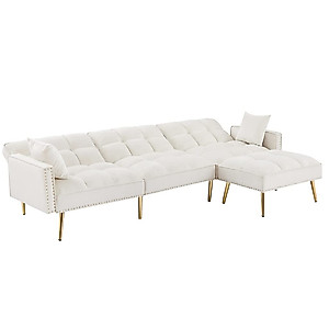 FANCUF Velvet Upholstered Reversible Sectional Sofa Bed, L-Shaped Couch with Movable Ottoman for Living Room.