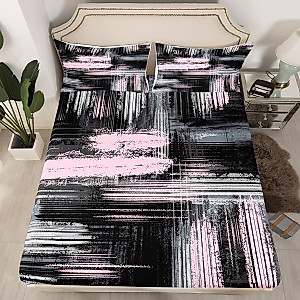 Abstract Pink and Black Sheets with Deep Pocket Fitted Sheet Full, Geometric Artistic Smear Sheet Set Abstract Graffiti Art Bed Sheets Set Contemporary Modern Brush Design Bedding Set Full Size