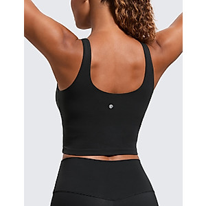 CRZ YOGA Womens Butterluxe U Back Longline Sports Bra - Padded Yoga Bra Cami Crop Top Workout Tank Top with Built in Bra Black Small