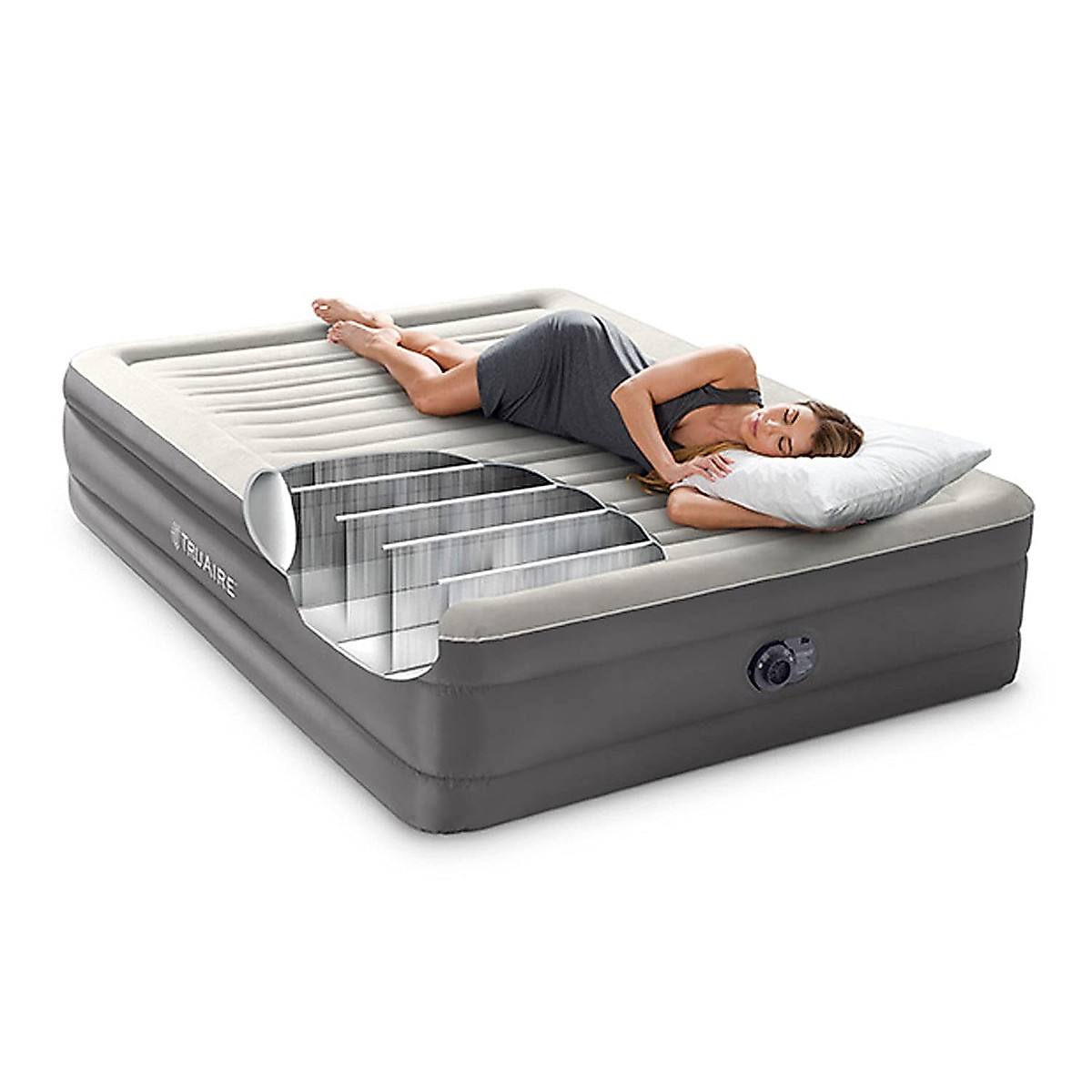 Intex 64095T TruAire Luxury Queen-Sized Air Mattress 18 Inch Tall Airbed with Built-in Air Pump and Carrying Storage Bag, Gray
