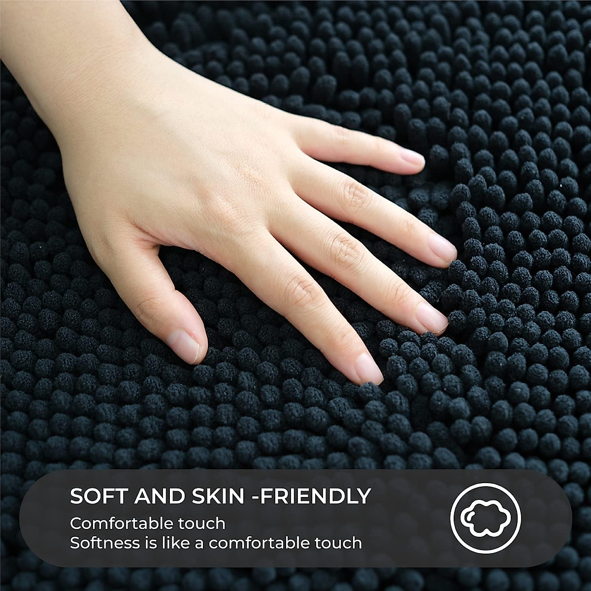 Bathroom Rugs Sets of 3 Piece Ultra Soft Chenille Bath Mat, Non-Slip and Super Absorbent Bathroom Rug, Strong PVC Underside, Machine Washable Bath Carpet for Bathroom, Carbon Black