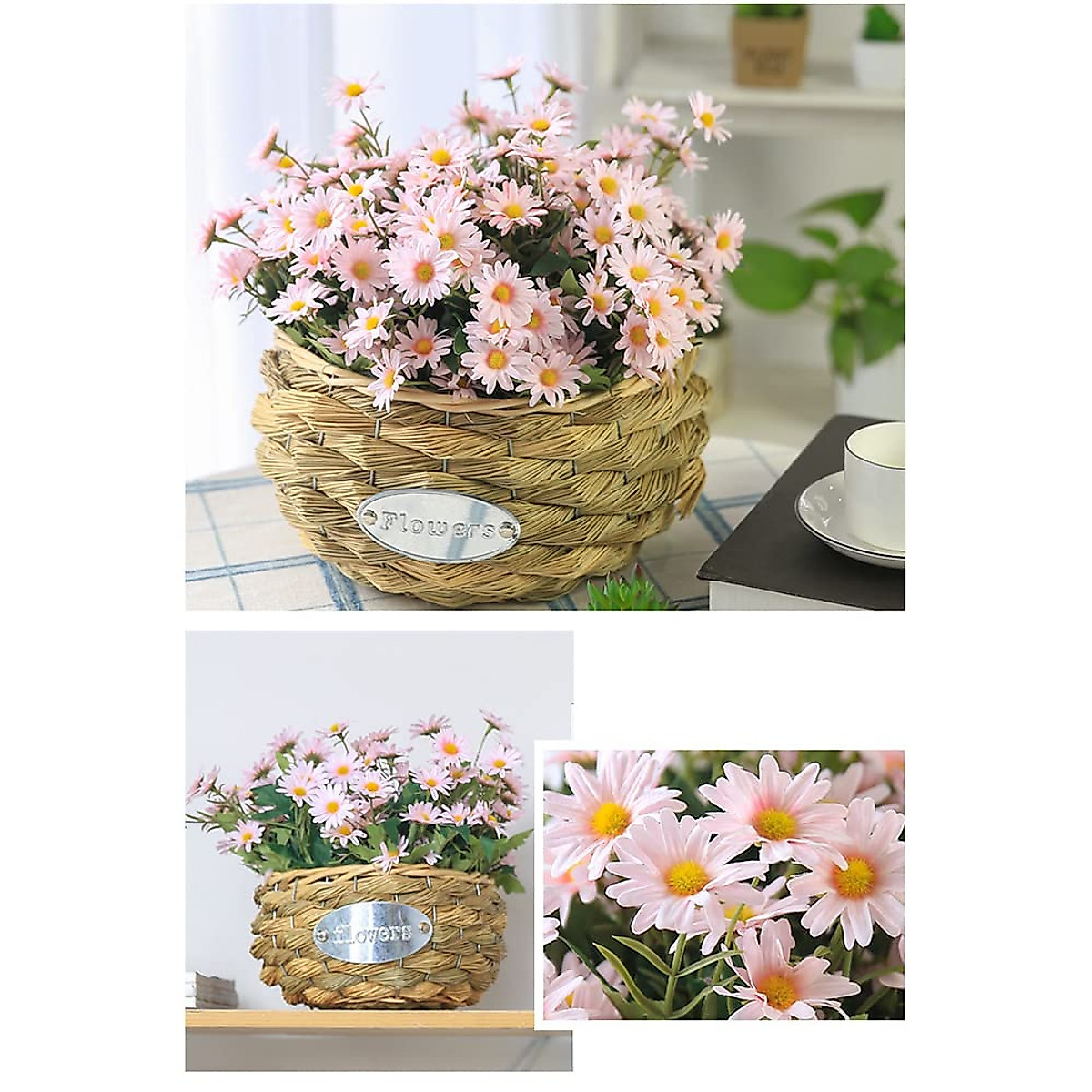 Pink Artificial Daisy Flowers Fake Gerbera Daisy Silk Bouquets 2 Bundles Pastoral Style for Home Garden Window Wedding Indoor Outside Porch Window Box Decoration Fake Flowers