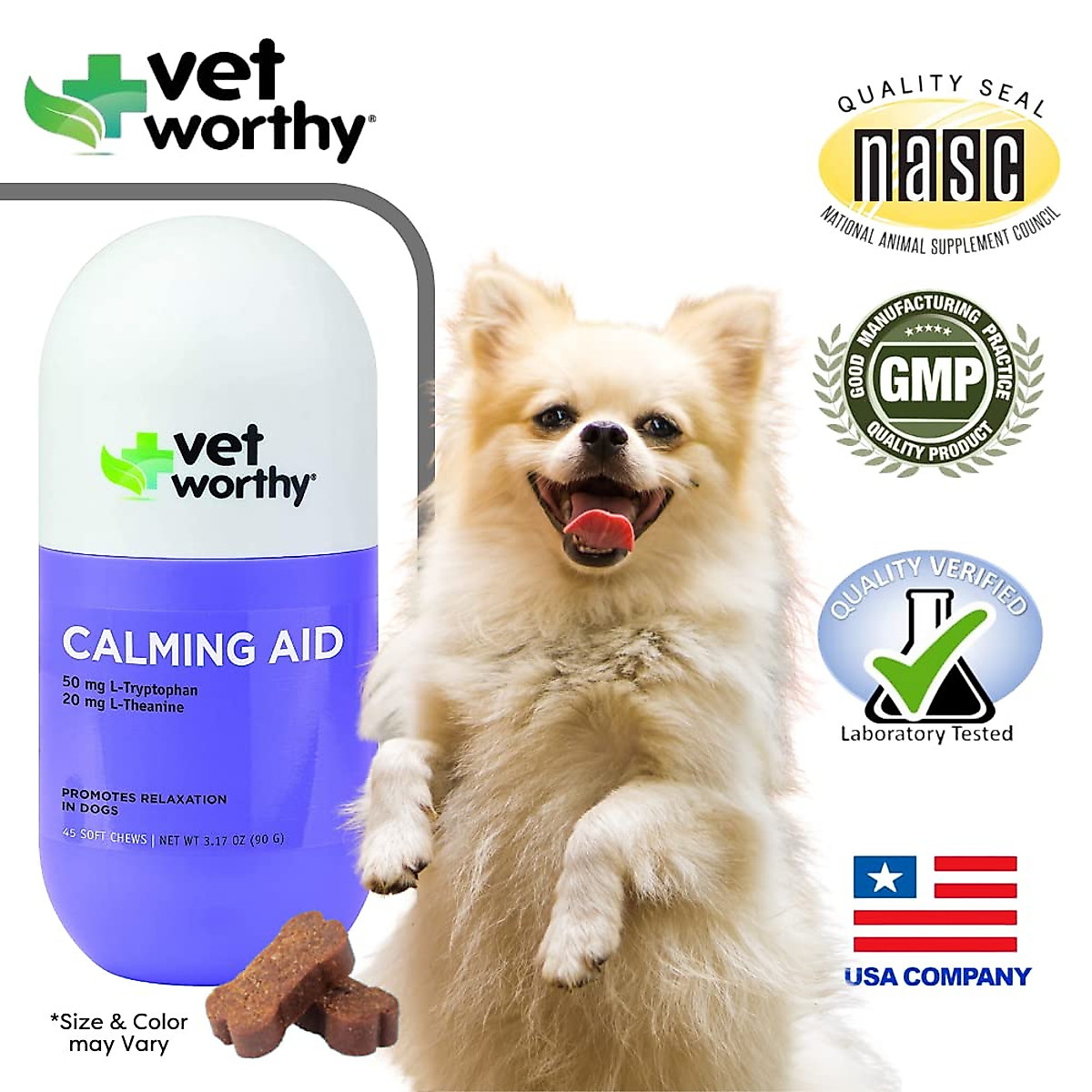 Vet Worthy Calming Aid Dog Soft Chew - Flavored Chewable Treats for Dogs to Manage Normal Stress - Dog Calming Chews for Storm Anxiety, Grooming, and Fireworks - Poultry Flavored, 45-Count