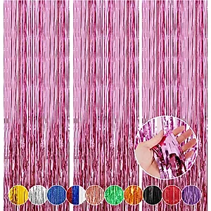 Mtkocpk Pink Streamers Backdrop Party Decorations - 8x3.2 Feet 3-Pack Foil Fringe Curtain Decor - Perfect for Children's Birthday Party, Women's Party, Sweet Wedding, and Pink Theme Party Decorations