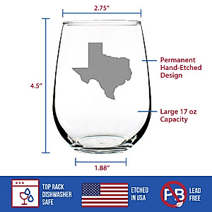 Texas State Outline - Stemless Wine Glass - State Themed Drinking Decor and Gifts for Texans - Large 17 Ounce