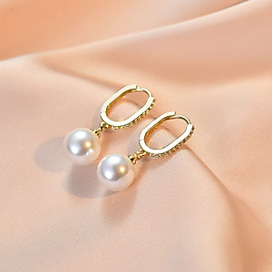 Awinesn Pearl Earrings for Women 14K Gold Plated Pearl Dangle Earrings Dainty 5A Cubic Zirconia Pearl Drop Earring With 925 Sterling Silver Post Jewelry for Bridal Bridesmaid