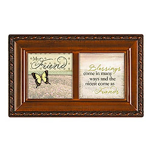 Cottage Garden My Friend Blessings Woodgrain Rope Trim Petite Music Box Plays That's What Friends are for