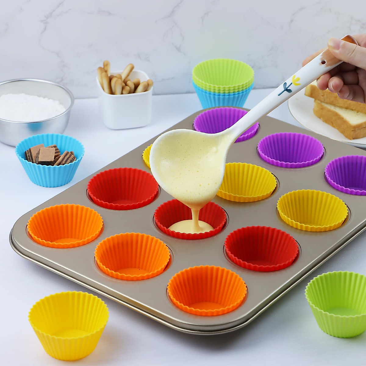 SAWNZC Silicone Cupcake Liners 24Pcs, Reusable Muffin Baking Cups Non-Stick Cake Molds Sets, Standard Size, BPA Free, Dishwasher Safe