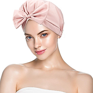 Whaline Large Shower Caps Pink Black Bowknot Bath Hair Caps Reusable Waterproof Turban Shower Hat Adjustable Bath Cap for Women Girl Beauty Hair Spa Bathing Home Travel, 2 Pack
