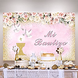5x3ft Mi Bautizo Backdrop for Girl Baptism Gold Bless Background Pink Flower Golden Dots Photography Baby Shower Banner Party Decorations Floral Newborn Baby Shower Photo Booth Props (EZH0D685UU)