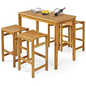 Tangkula 5 Piece Outdoor Acacia Wood Bar Table Set, 45" Rectangular High Top Table with 4 Saddle Seat Bar Height Stools, Space-Saving Patio Dining Set for 4, for Deck, Garden and Porch
