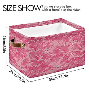 Kigai Digital Camo Pink Shelf Storage Baskets, Foldable Fabric Storage Bins with Leather Handles for Organizing Closet Clothes, Toys, Towels, Bedroom, Bathroom, Nursery, Office (1 Pack)