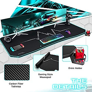 Furmax Gaming Desk T-Shaped Pc Computer Table with Carbon Fiber Surface Free Mouse Pad Home Office Desk Gamer Table Pro with Game Handle Rack Headphone Hook and Cup Holder (Black, 63 Inch)