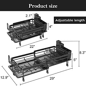 Famhap Large Dish Drying Rack - Extendable (22"-29" L) Dish Rack with Drainboard Set, Multifunctional Dish Rack for Kitchen Counter, Anti-Rust Drying Dish Rack with Cutlery & Cup Holders, Black