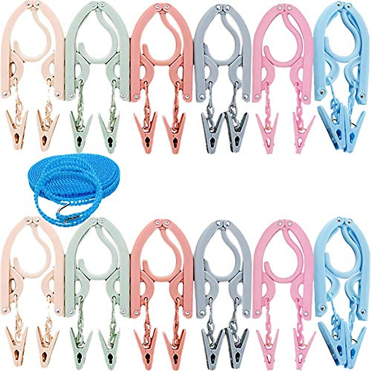 Travel Hangers with Clips Portable Folding Clothes Hangers with 1 pcs Clothesline 12 pcs with 24 pcs Hanger Clips for Scarves Suits Trousers Pants Shirts Socks Underwear Travel Home Foldable Clothes