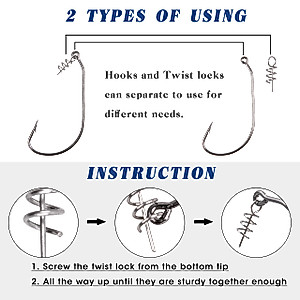Twistlock Fishing Hooks,50pcs Worm Hooks with Centering Pin Spring Unweighted Swimbait Hooks for Soft Plastic Lures Baits Bass Fishing