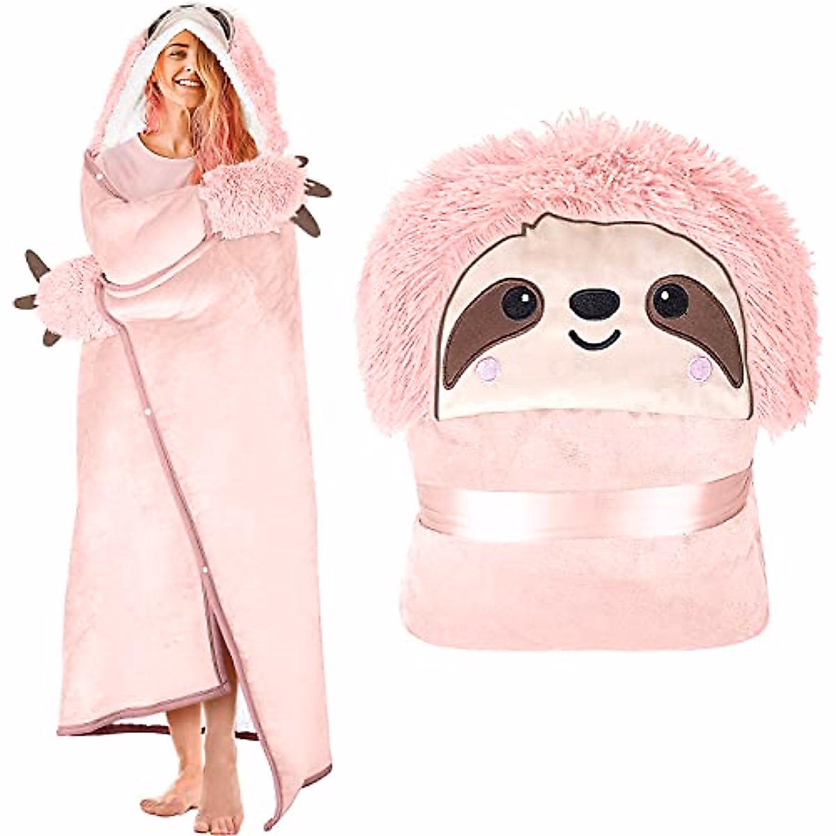 Sloth Wearable Hooded Blanket for Adults - Super Soft Warm Cozy Plush Flannel Fleece & Sherpa Hoodie Throw Cloak Wrap - Sloth Gifts for Women Adults and Kids