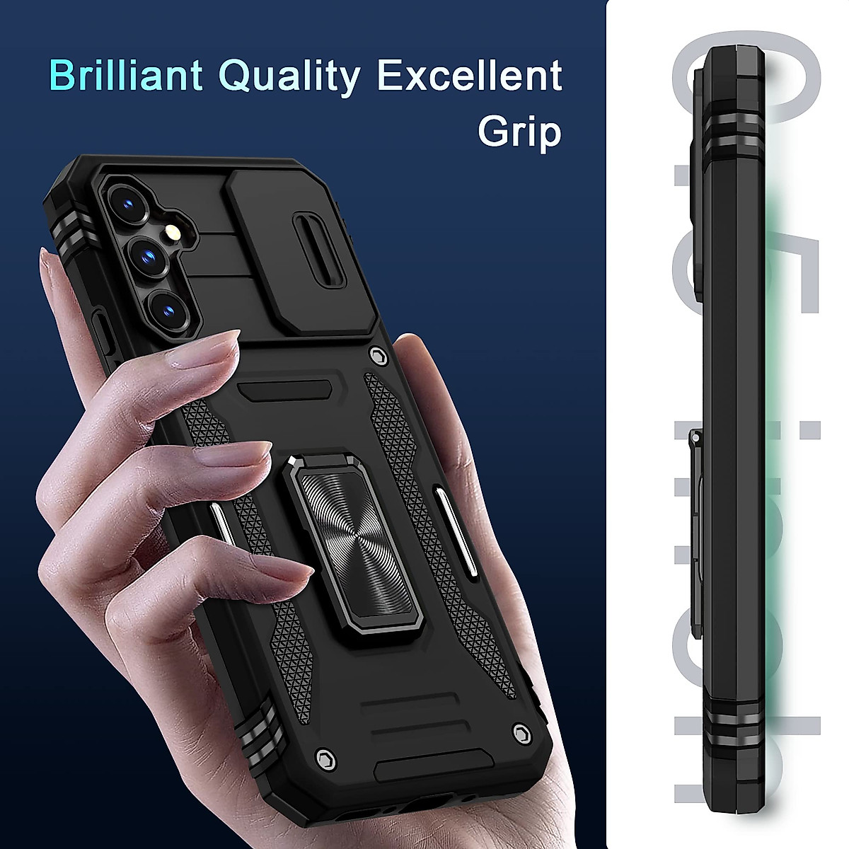 DEERLAMN Case for Samsung Galaxy A54 5G with Slide Camera Cover+Screen Protector(1 Pack),Rotated Ring Kickstand Military Grade Shockproof Protective Cover-Black